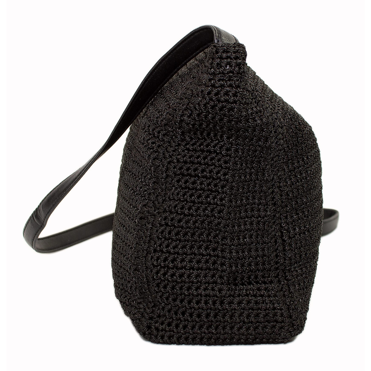 Classic Chic Black Crochet Crossbody Bag Zip Closure Boho Style Handbag Purse Faux Leather Strap