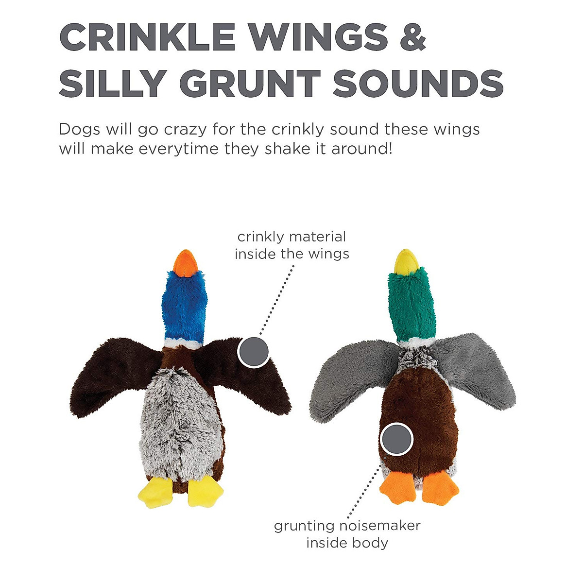 Outward Hound Flapperz Plush Crinkle Duck Dog Toy, 2-Pack - Grunt, Crinkle & Flop, Small