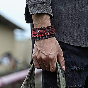 CASDAN 4-5 Pcs Leather Woven Braided Bracelet for Men Women Wrap Cuff Bracelets Linen Hemp Cords Wood Beads Ethnic Tribal Wristband Adjustable 4