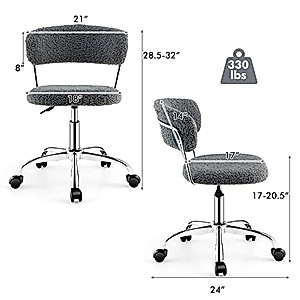 Giantex Home Office Chair, Faux Fur Low Back Swivel Leisure Chair w/Height Adjustable Padded Seat, Rolling Armless Vanity Chair w/Galvanized Steel Frame for Bedroom Study Guest Room, Gray