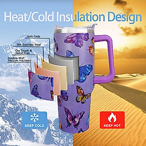 ZNYYZYBA 40 oz Tumbler with Handle and Straw, 40oz Butterfly Tumbler with Leak Proof Lid, Reusable Stainless Steel Insulated Travel Coffee Mug, Butterfly Gifts for Women