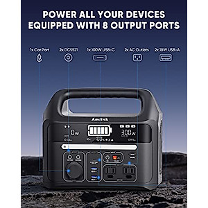 Portable Power Station for Camping 300W 299Wh LiFePO4 Battery Powered Generator, 2 Up to 300W AC Outlets 100W USB C and PD Total 8 Output Ports, Home Battery Backup for Outdoor 93600mAh with LED Light