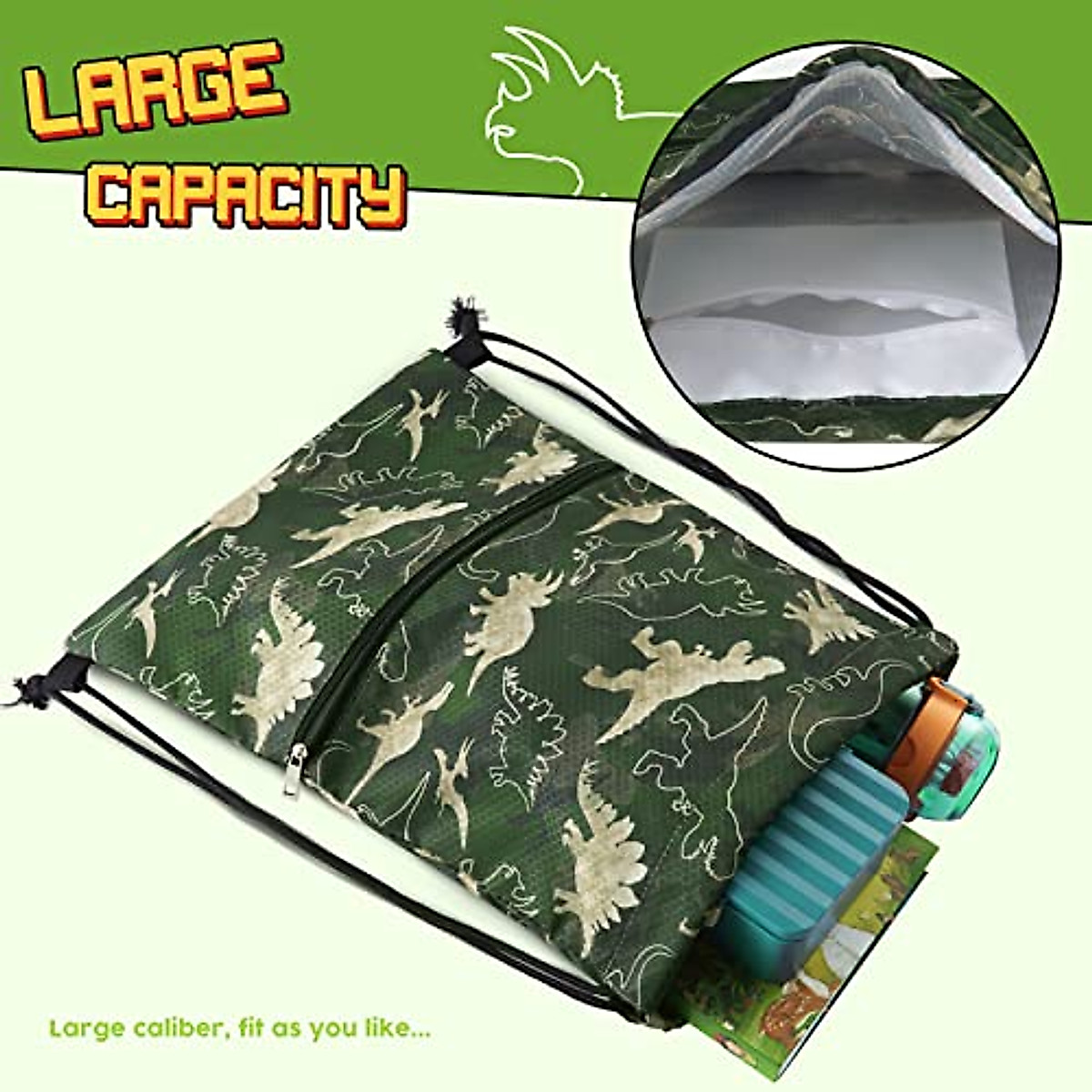 WAWSAM Dinosaur Drawstring Backpack - Drawstring Bags for Boys Kids Swim Bag for Beach Swim Swimming Pool Draw String Bags with Zippered Pocket Waterproof Sports Gym Bag