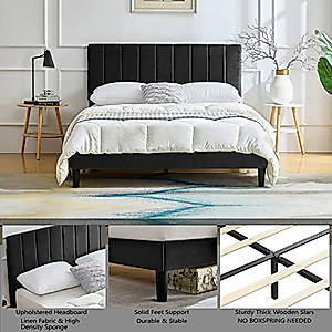 Queen Platform Bed Frame Black Velvet Upholstered Bed Frame with Vertical Geometric Adjustable Headboard,Wooden Slats Support,No Box Spring Needed,Mattress Foundation,Easy Assembly,Noise Free Design