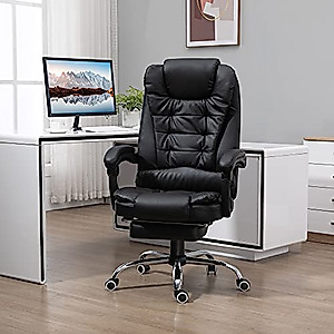 HOMCOM High Back Ergonomic Executive Office Chair, PU Leather Computer Chair with Retractable Footrest, Lumbar Support, Padded Headrest and Armrest, Black