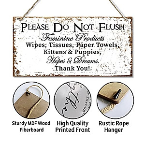 Please Do Not Flush Feminine Products Wall Decor Sign, Hopes & Dreams, Printed Wood Plaque Sign, Hanging Bathroom Signs, Funny Wall Decor For Toilet, Farmhouse Bathroom Decor Wall Art Sign 12" x 6"