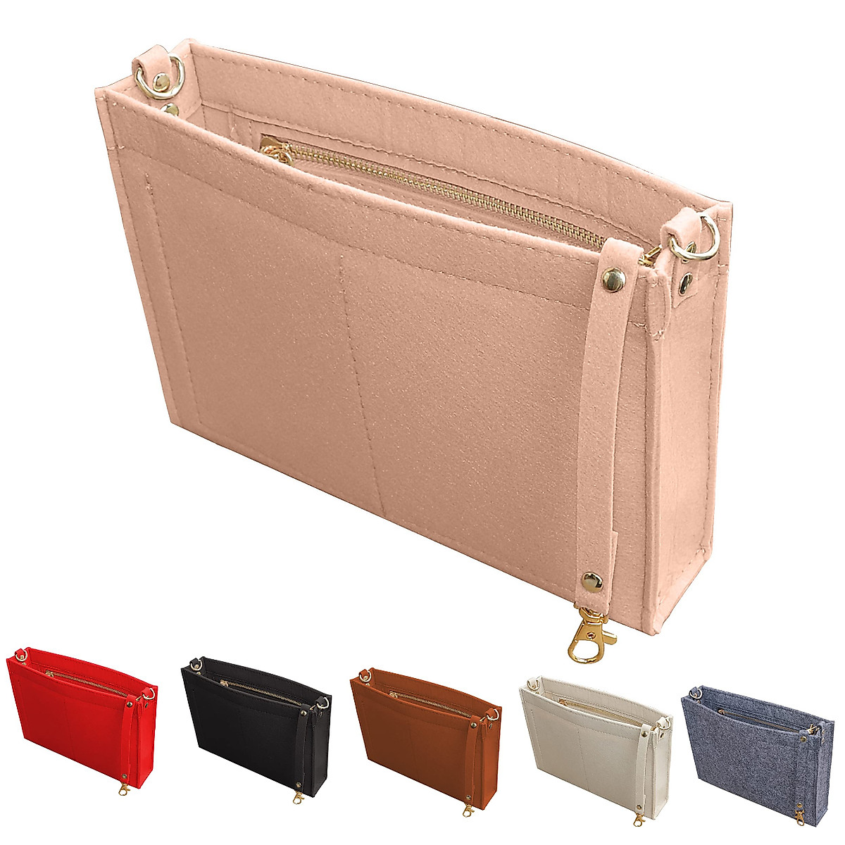 MISIXILE Felt Purse Insert Organizer with Zipper And Gold Buckles,Handbag Organiser Insert fits Toiletry Pouch 19 26(Pink-S)