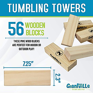 Giantville Giant Tumbling Timber Toy - Premium Pine Wood Life-Size Blocks Tower - Big Floor/Board Indoor/Outdoor Yard Game for Kids & Adults - 56-Pieces + Storage/Carry Bag - Grows to Over 5-Feet