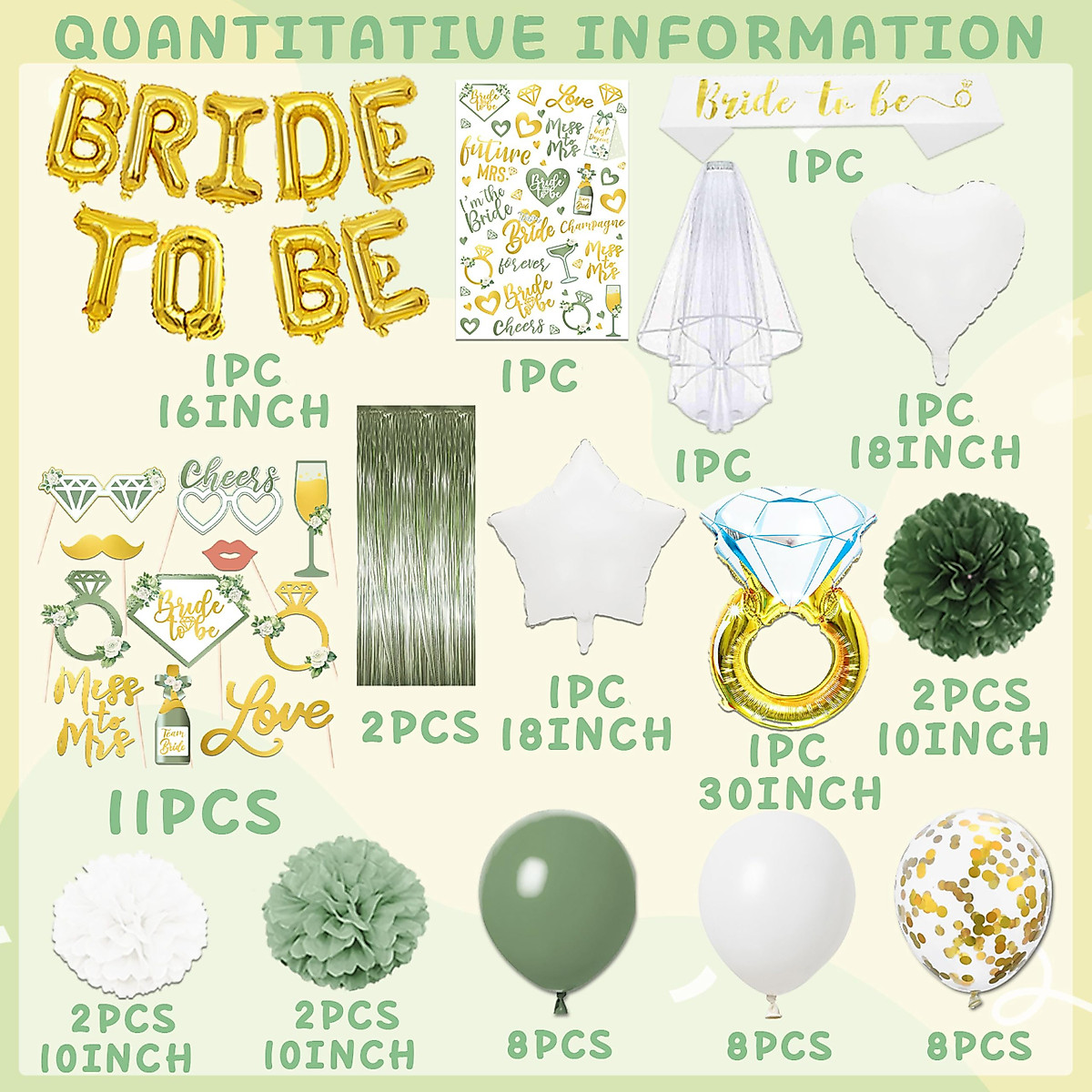 Sage Green Bachelorette Party Decorations Bridal Shower Decorations Bride to Be Balloons,Sash Fringe Curtain,Photo Booth Props for Wedding Engagement Party Favors Bridal Shower decor