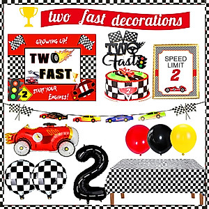 Two Fast Birthday Decorations, Racing Car Theme 2nd Birthday Party Decorations, Two Fast Cake Topper, Tablecloth, Balloons Garland, Two Fast Banner for Two Fast Two Curious Birthday Decorations