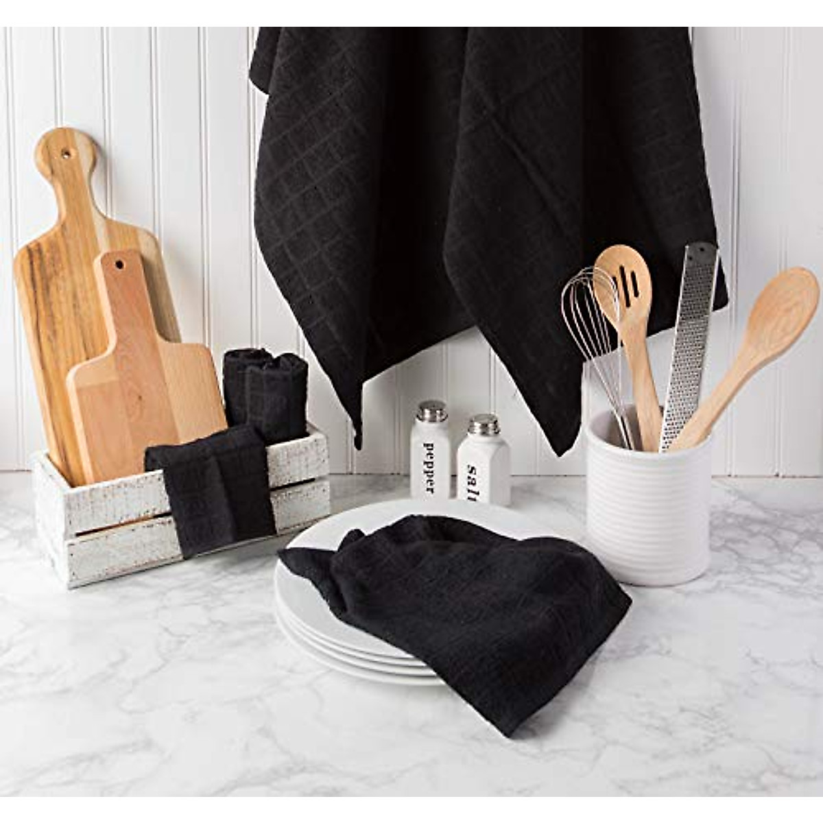 DII Basic Terry Collection Solid Windowpane Dishcloth Set, 12x12, Black, 6 Piece