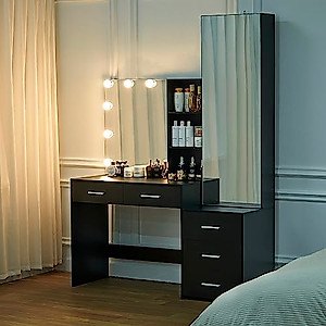 usikey 47.2" Large Vanity Desk with 10 Lights Bulbs & Full-Length Mirror, 70.9" High, Makeup Vanity with Lights and 5 Drawers, Vanity Table Set with Mirror Cabinet and 8 Storage Shelves, Black