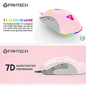 FANTECH Blake X17 Advanced Wired Gaming Mouse, 16.8 Million RGB Color Backlit, 10,000 DPI Optical Sensor, 7 Programmable Buttons, for Right or Left Hand Use, Pink (Sakura Edition)
