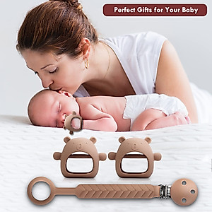 Baby Teether for 0-6 Months 2 Pack Never Drop Baby Teething Toys for 6-12 Months+1 Pack Pacifier Clip,Silicone Baby Chew Toys for Infant Sucking Needs,Baby Toys 3-6 Month Baby Mitten Teether（Brown）