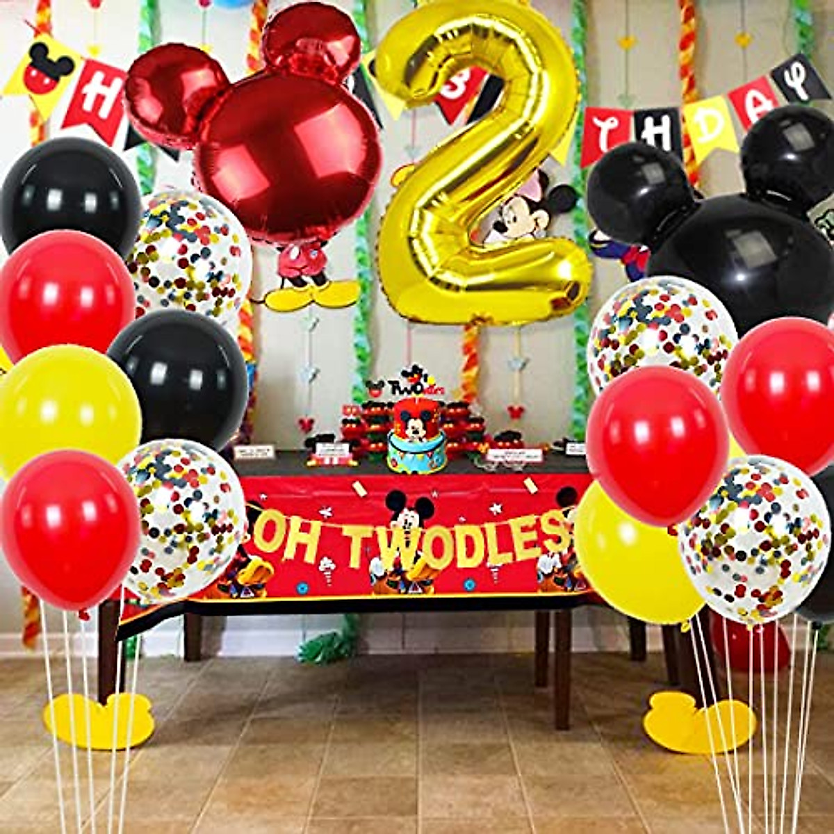 Cartoon Mouse 2nd Birthday Party Supplies - Oh Twodles Theme Party Decorations Includes Felt Banner,Welcome Hanger Door Sign, Tablecloth,Cake Cupcake Toppers,Mouse Head Balloons, 12" Latex Balloon, Confetti Balloon