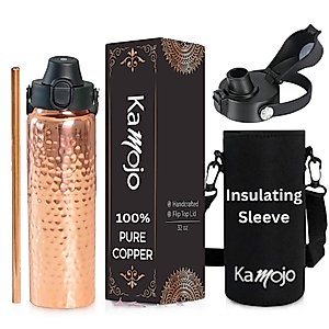 Copper Water Bottle for Drinking - Hammered Pure Copper Water Bottle with Push Button Lid, Removable Sleeve & Copper Straw - Handcrafted Water Bottle Copper Cup 32 fl oz