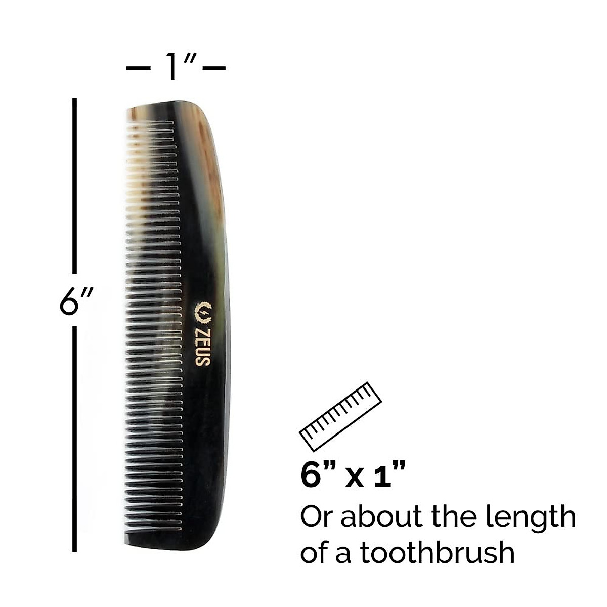 ZEUS Wide Tooth Natural Horn Beard Comb w/Leather Case, Saw-Cut, Anti-Static, Tames, Smooth Glide for Long/Thick Beards