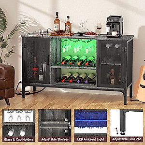 Homieasy Wine Bar Cabinet with Led Lights and Power Outlets, Industrial Coffee Bar Cabinet for Liquor and Glasses, Farmhouse Bar Cabinet with Removable Wine Racks, Black Oak