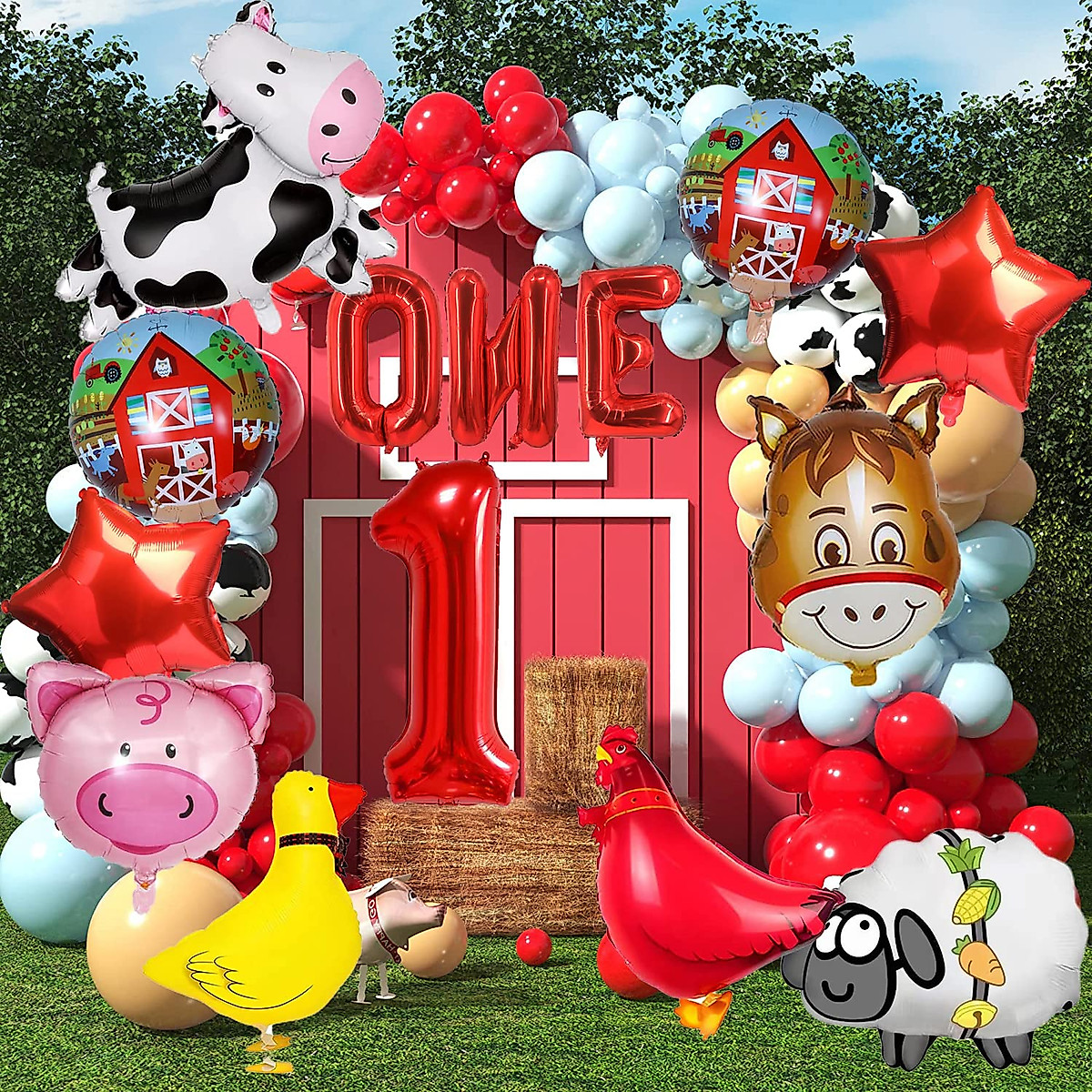 14 PCS Farm Animal Balloons Cow Sheep Duck Rooster Pig Donkey Balloons Barnyard Balloon Supplies with Large Number 1 Foil Balloon for Farm Animal Theme 1st Birthday Party Decor Supplies
