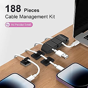 188 PCS Cable Management Kit with Cable Sleeves,Cable Holders,Zip Tie Mounts,Self Adhesive Rolls,Fastening Tapes and Cable Ties,Cord Management for Organizing Desk,TV,Car and Office