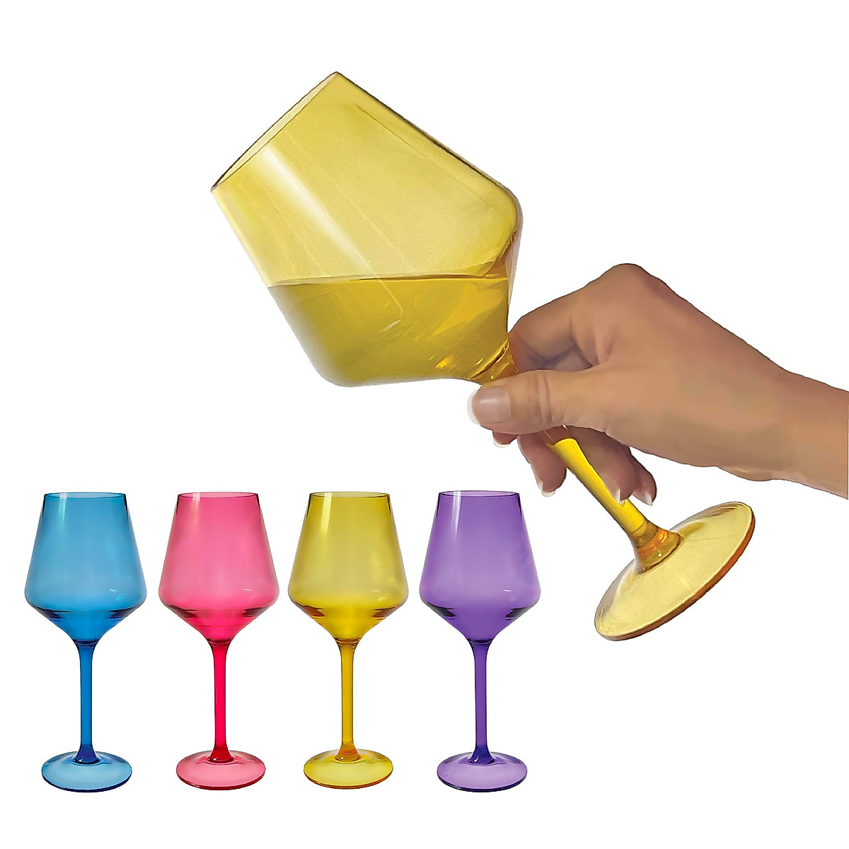 Lily's Home Acrylic Wine Glasses with Stems. Set of 4 Colored, Reusable, Unbreakable and Shatterproof Poolside Outdoor Wine Glasses. BPA-free plastic. (Stemmed)