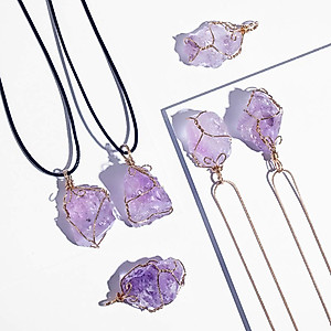 JUNHAN 3PCS Raw Irregular Crystal Pendant Necklace for Women Natural Tumbled Rock Quartz Wrapped Gold Wire Chakra Gemstone Jewelry with 2 Different Chains