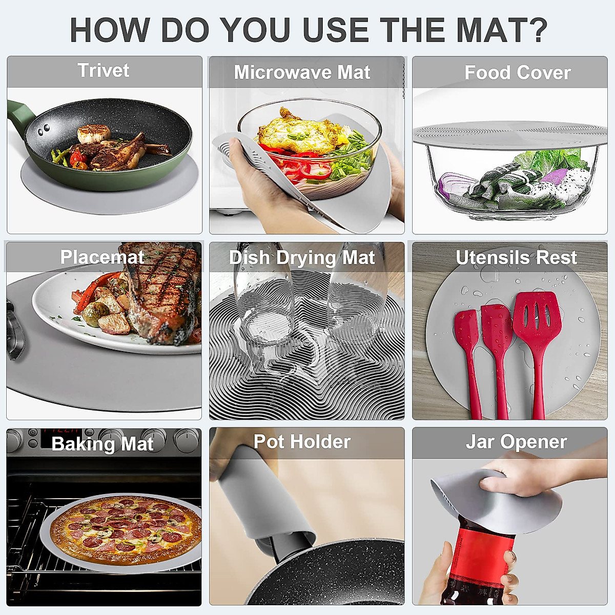 LekDrok 10 Inch Microwave Food Cover & Collapsible Silicone Mat - Splatter Guard, Plate Holder & Kitchen Colander for Meal Prep, Charcoal