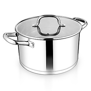 TeamFar 6QT Stainless Steel Stock Pot, Tri-ply Base Cooking Pasta Sauce Soup Pot with Glass Lid for Induction/Gas/Ceramic Stoves, Transparent Cover & Double Handles, Heavy Duty & Dishwasher Safe
