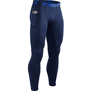 TSLA Men's Thermal Compression Pants, Athletic Sports Leggings & Running Tights, Wintergear Base Layer Bottoms, Pocket Midnight Navy, Medium