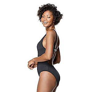Speedo Women's Standard Swimsuit One Piece Logo Back Strap Contemporary Cut, Rib Black, 12