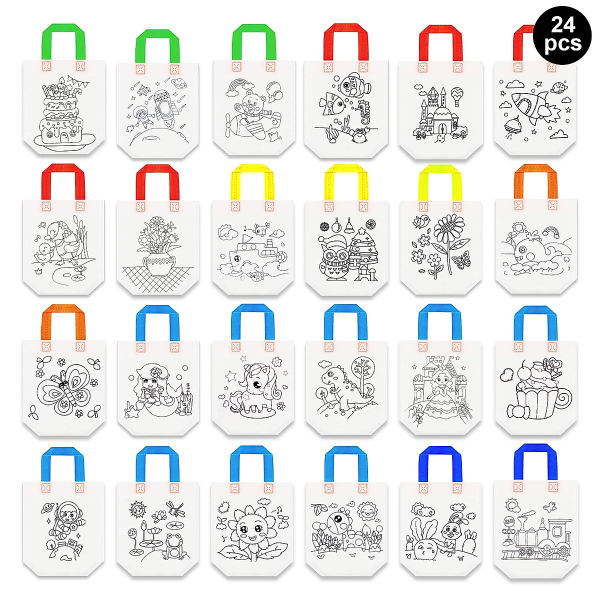 MOLDTAS 24 Styles Cute Cartoon Coloring Goodie Bags Reusable Coloring Carnival Art Party Favor Bags for Color Your Own Goodie Bags for Birthday Party DIY Crafts or Party Favors Supplies