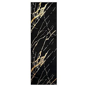 Antep Rugs Babil Gold 2x7 Marble Abstract Modern Indoor Runner Rug (Black, 2' x 7')
