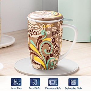 LOVECASA 16 OZ Tea Mug with Infuser and Lid, Tea Infuser Mug with Handle Ceramic Mug with Filter for Tea, Milk, Coffee, Loose Leaf Tea Infusers, Black