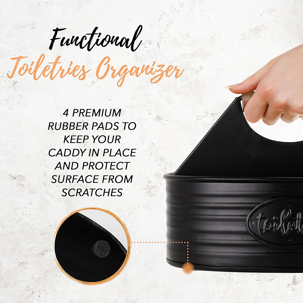 Autumn Alley Farmhouse Rustic Shower Caddy Basket for Bathroom - Toiletries Countertop Organizer, Decorative Bathroom Caddy, Bathroom Accessories with Toilette Label, 8.25" x 6", Black, Small