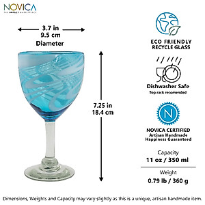 NOVICA Blue Hand Blown Glass Wine Glasses, 12 Oz, Whirling Aquamarine' (Set Of 6), Large