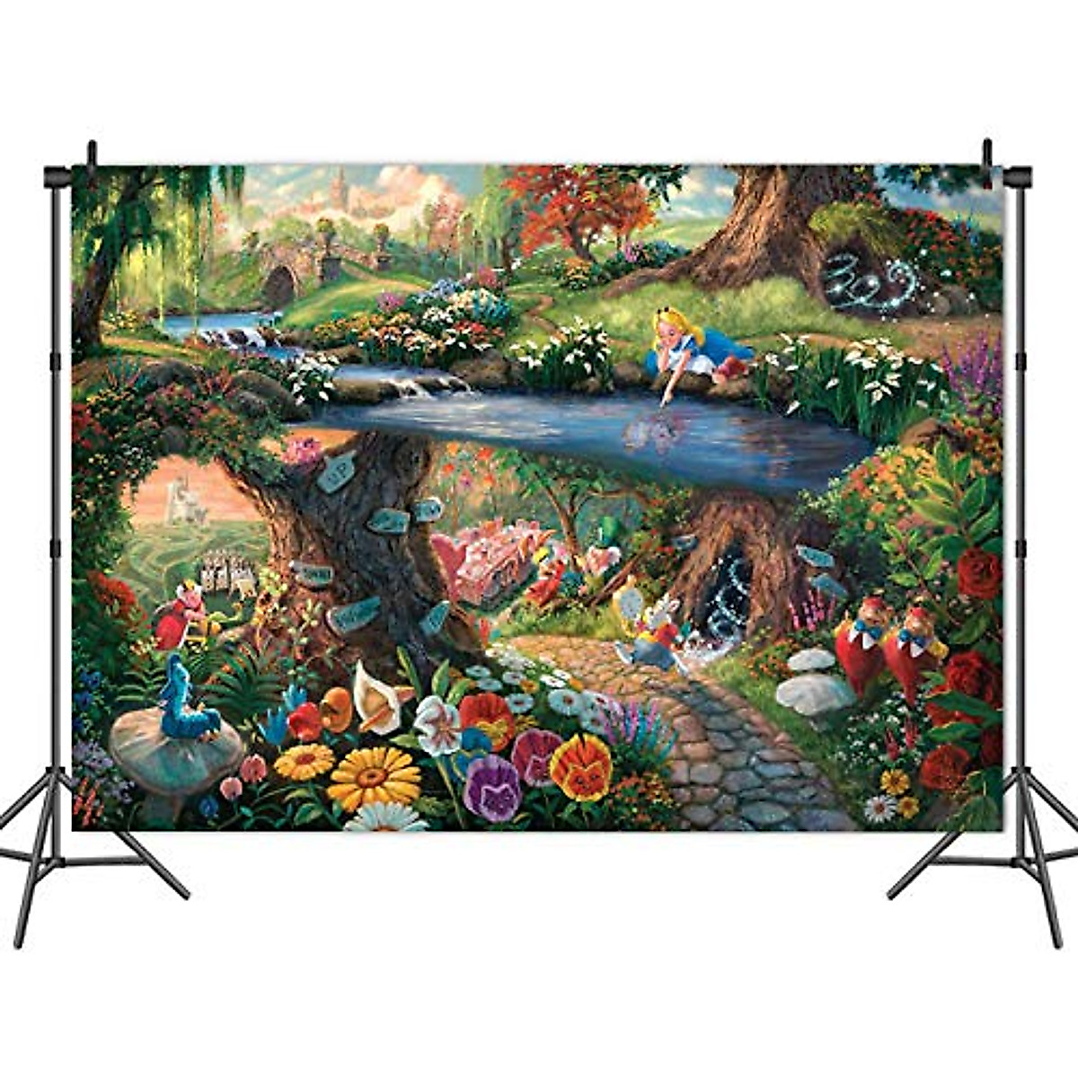 Cartoon Forest Scene Flowers Photo Background Baby Shower Decorations Vinyl 7x5ft Alice in Wonderland Enchanted Photography Backdrop Princess Girls Sweet Birthday Party Banner Supplies Photo Booth