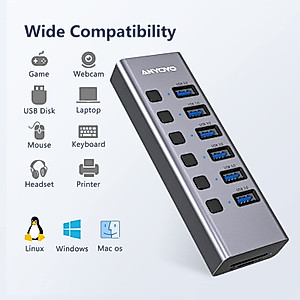 ANYOYO Powered USB 3.0 Hub 6 USB 3.0 Data Ports with SD/TF Card Readers with Individual On/Off Switches (8Ports)
