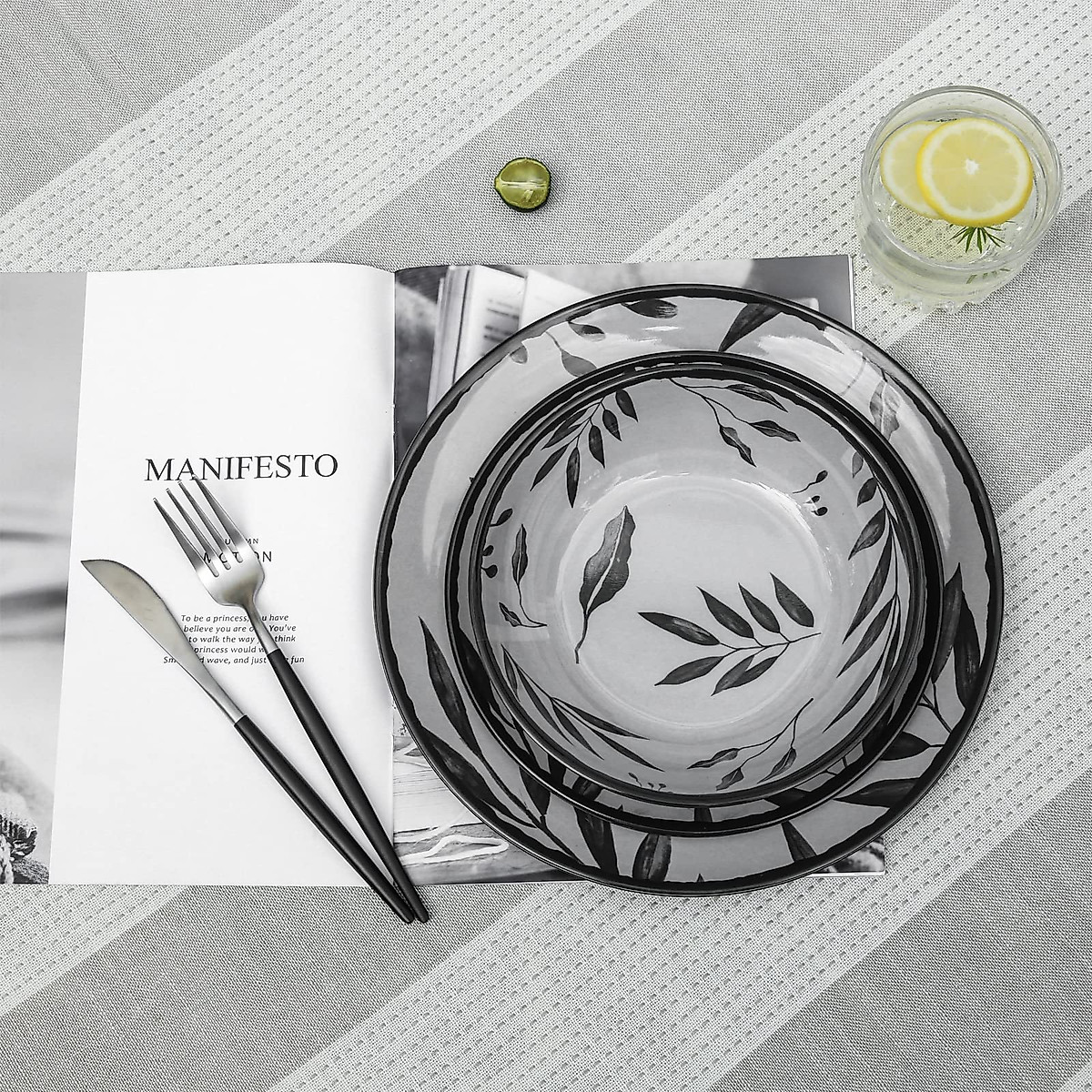 12pcs Melamine Dinnerware Set, Camping Dishes, Dinner Plates and Bowls Set for Picnic RV Use, Unbreakable, Dishwasher Safe