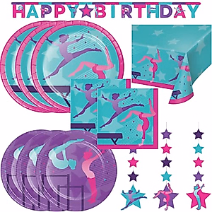 Kid's Gymnastics Dance Disposable Tableware Set for 24, Party Supplies include Plates Napkins Banner Danglers and Table Cover for Boys, Girls, Birthday Party Decorations (85 pcs)