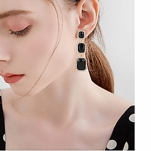 Met-edianger Black Rhinestone Dangle Earrings Statement Crystal Drop Earrings Formal Prom Rectangle Dangling Earrings for Women