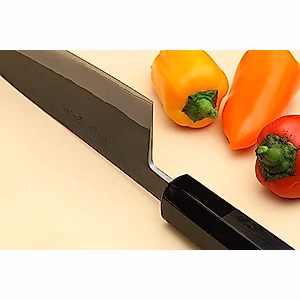 Yoshihiro Kurouchi Black-Forged Blue Steel Stainless Clad Santoku Multipurpose Knife Ebony Handle (6.5'' (165mm) & Saya)