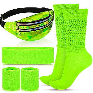 Tarpop 80s Neon Women Slouch Socks 90s Headbands Wristbands Fanny Pack Leg Warmers Sweatbands Waist Bag Women Party Costume(Green)