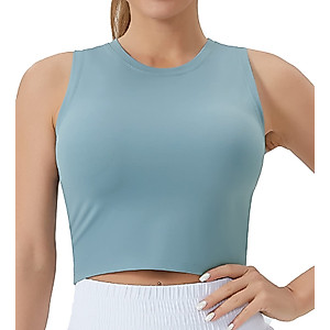 THE GYM PEOPLE Women's Workout Crop Tops Sleeveless Yoga Running Shirts Athletic Tank Top No Padding Denim Blue