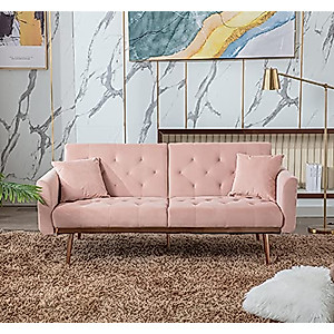SLEERWAY Velvet Futon Sofa Bed with 5 Golden Metal Legs, Sleeper Sofa Couch with Two Pillows, Convertible Loveseat for Living Room and Bedroom, Pink