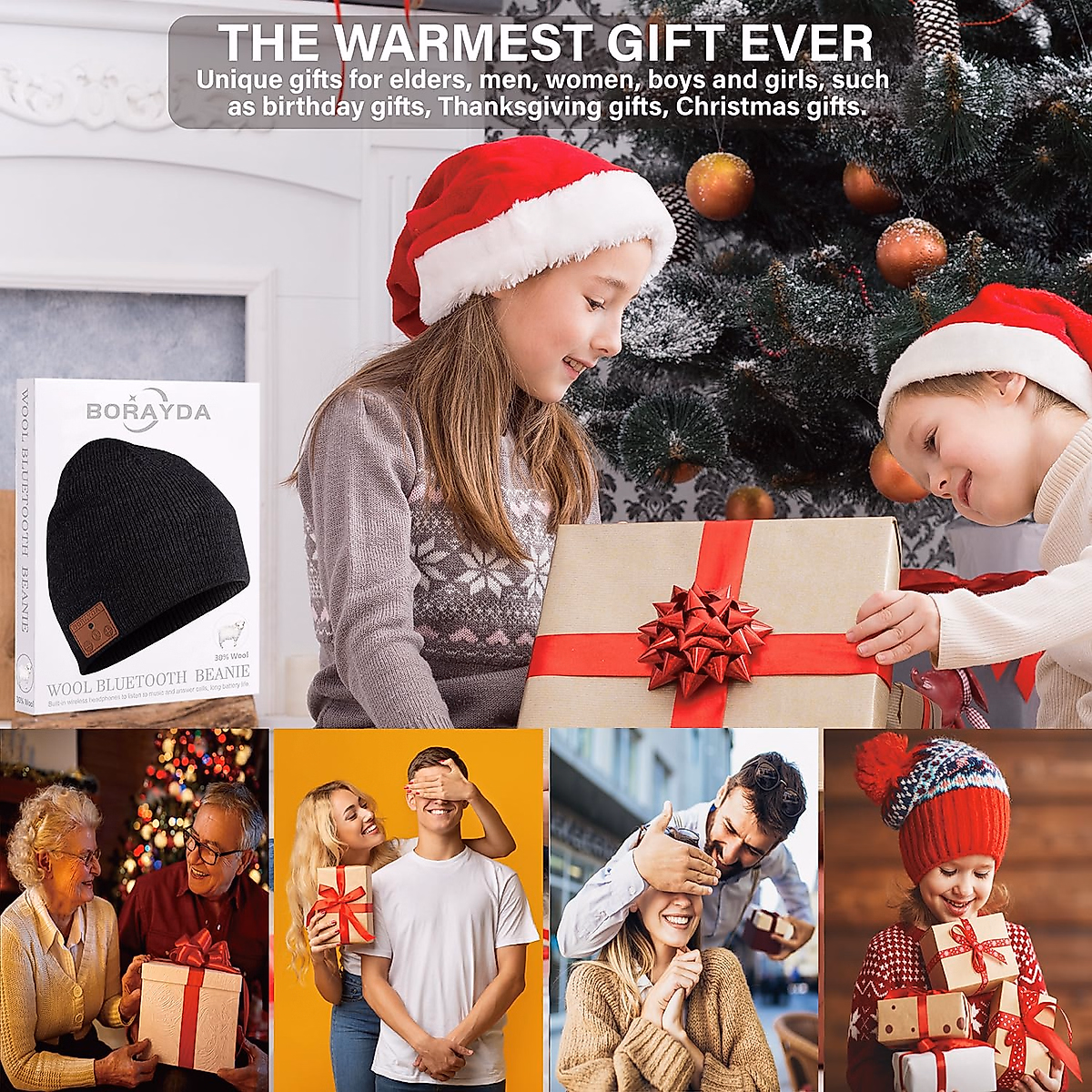 BORAYDA Bluetooth Beanie, Bluetooth 5.2 Wool Hat HD Stereo,24 Hours Play Time,Built-in Microphone, Men's/Women's Christmas Electronic Gift (Black)