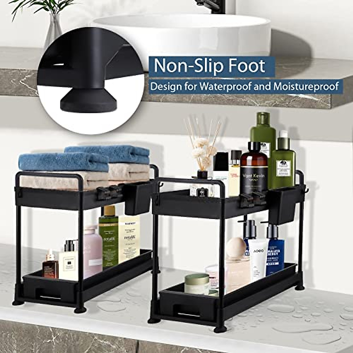 UBeesize 2 Pack Bathroom Organizer Basket Drawers, Slide Out Under Sink Cabinet Organizers and Storage for Bathroom Countertop Bathroom Sink Organizer with Hooks and Cups,Pull Out Under Sink Shelf