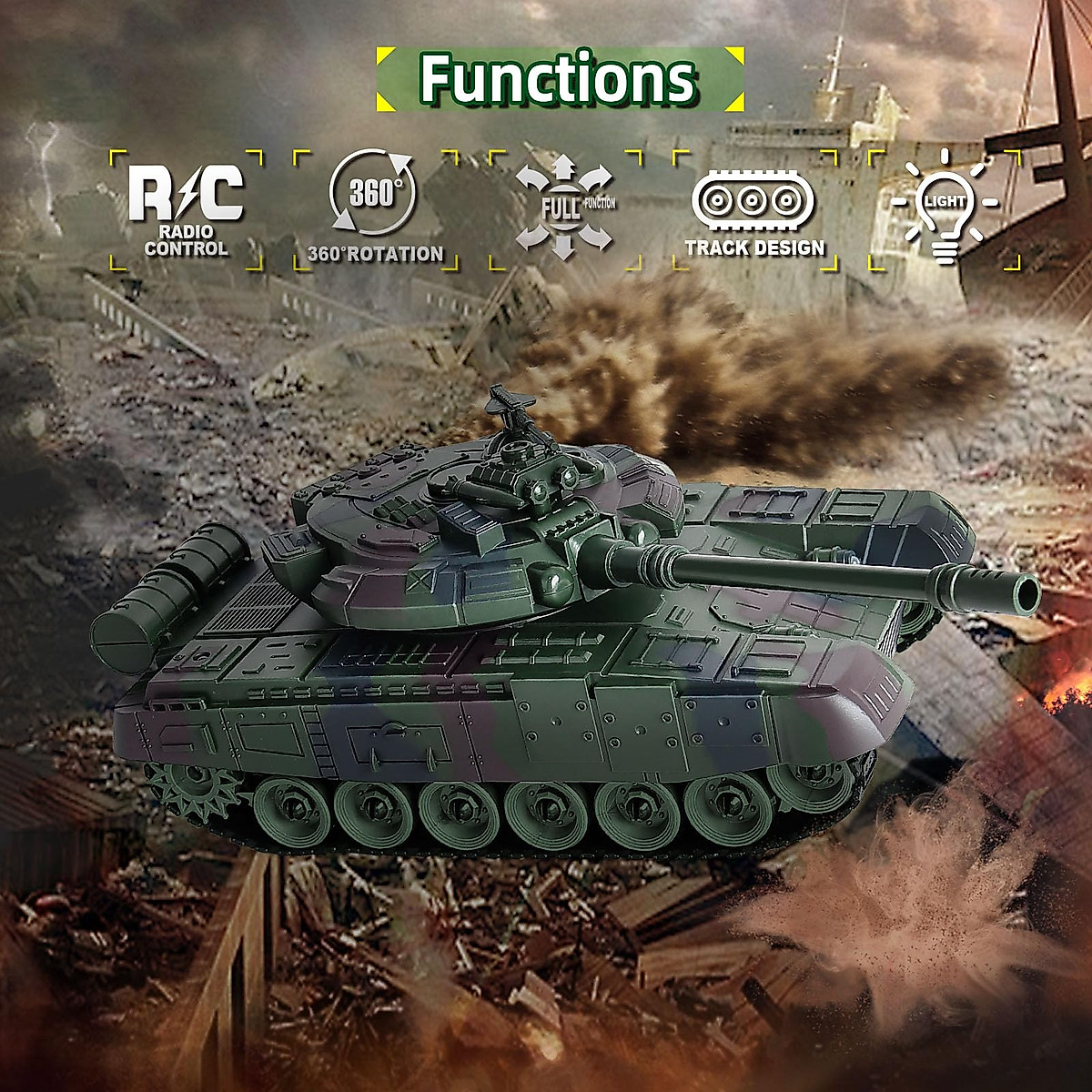 Glorryearst RC Tank 1:28 Scale 9 Channel Remote Control Toy with Realistic Sounds and Lights,Radio Control Military Battle Tanks Gifts for Kids and Adults