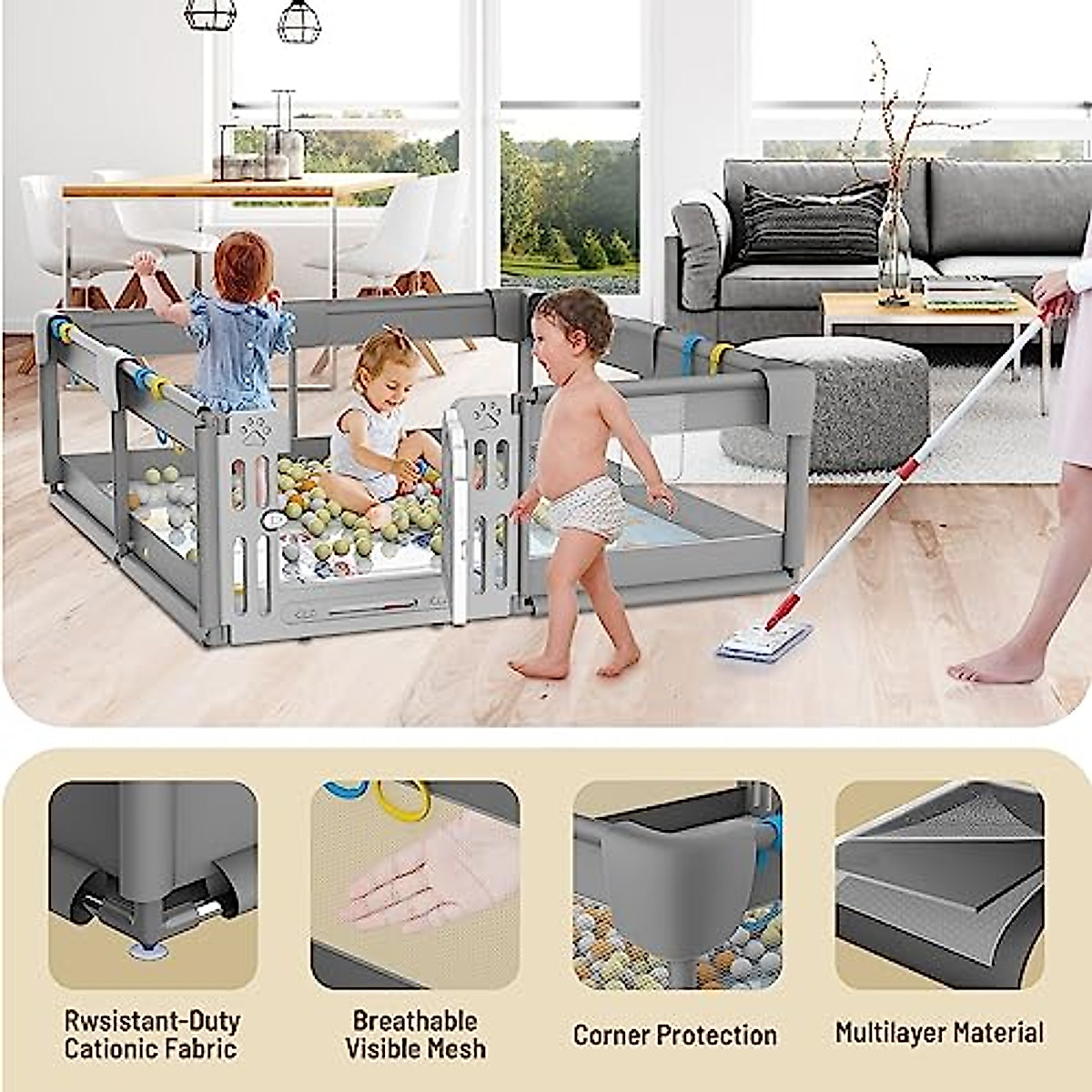 Baby Playpen with Mat,79"x71 "x27"Extra Large Baby Playpen,0.4 IN Play Mat,60 Pcs Ocean Balls, Breathable Mesh Indoor & Outdoor Kids Activity Center Baby Playpen,Safety Baby Gate Playpen