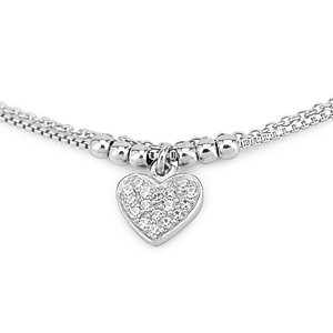Vanbelle Rhodium Plated 925 Sterling Silver Double Layered Beaded Chain with Dangling Heart Charm & Cubic Zirconia Stones Bracelet for Women and Girls