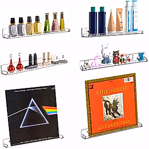 Cq acrylic Clear Floating Bookshelf for Kids Room,15" Invisible Wall Mounted Hanging Book Shelves, U Modern Picture Ledge Display Toy Storage Vinyl Record Wall Shelf,Pack of 6